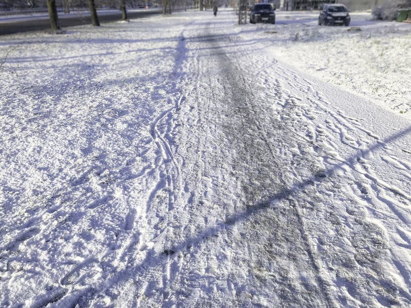 Slippery Ice and Snow on the Sidewalk Stock Image - Image of frozen ...