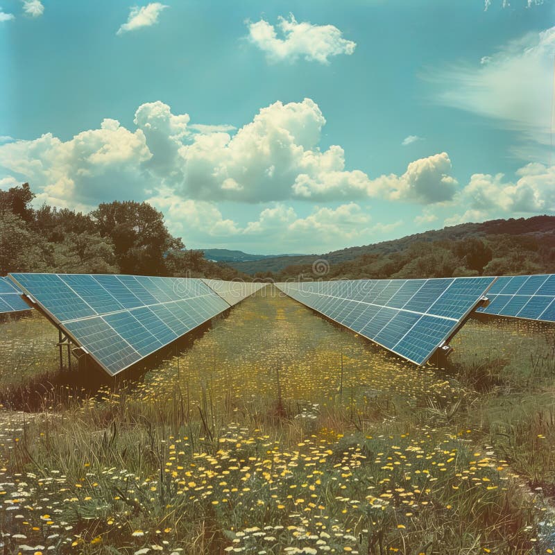 Slope with Rectangular Solar Panels Under a Blue Sky Stock Illustration ...