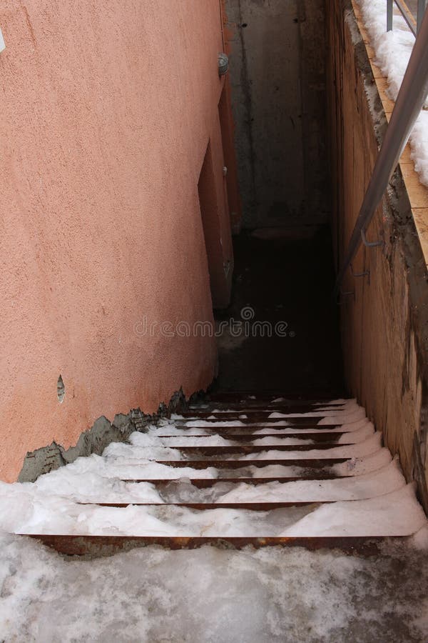 Sloping Dangerous Unclean Stairs Down To the Basement Steps with Ice in ...
