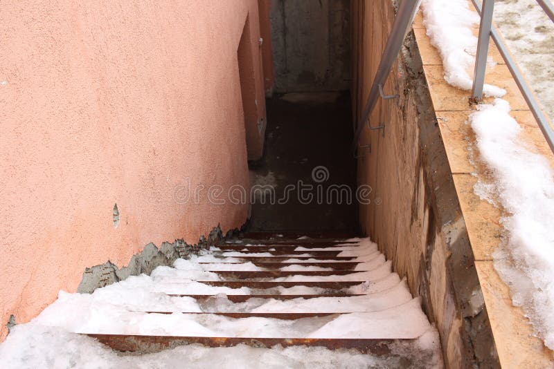 Sloping Dangerous Unclean Stairs Down To the Basement Steps with Ice in ...