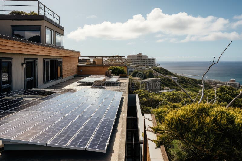 Sloping Rooftop with Solar Panels and a View of the Ocean Stock Photo ...