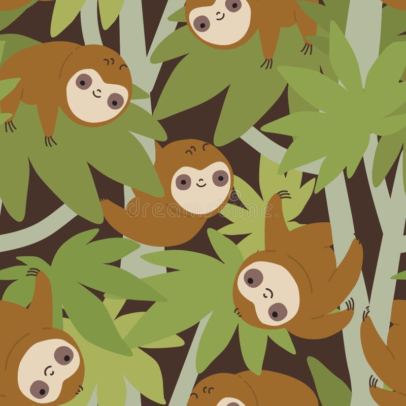 Sloth Animals on the Trees, Seamless Pattern. Stock Vector ...