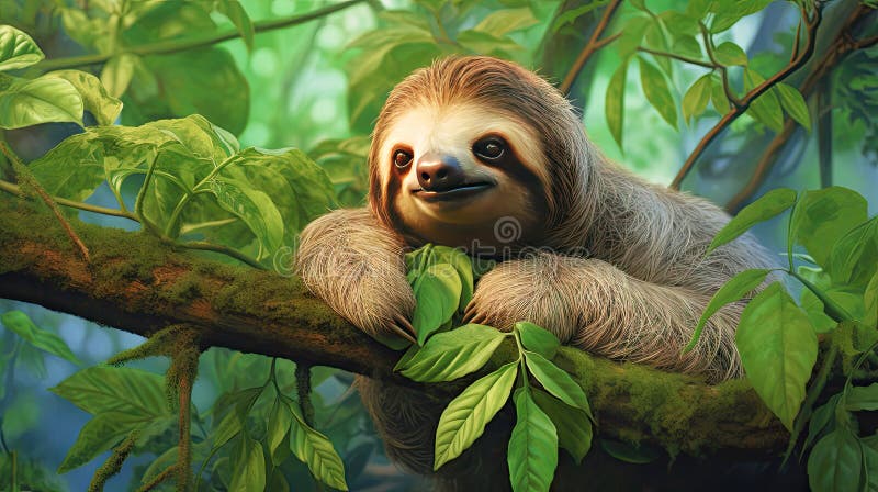 Sloth on a Branch of Tree with a Smiling Face. Generative AI Stock ...