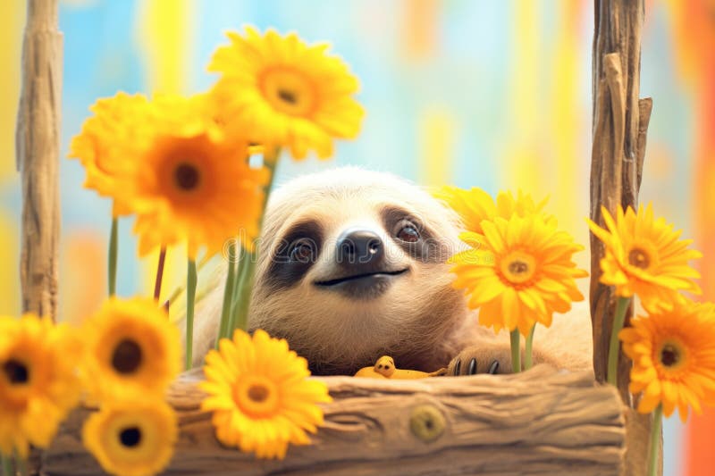 Sloth with Bright Yellow Flowers in the Foreground Stock Photo - Image ...