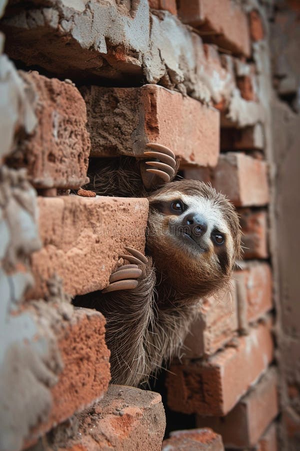 Sloth Builder on a Brick Wall Stock Photo - Image of eyes, threetoed ...