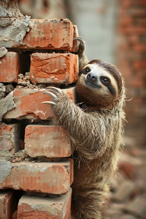 Sloth Builder on a Brick Wall Stock Image - Image of brown, threetoed ...