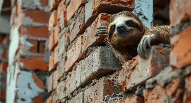 Sloth Builder on a Brick Wall Stock Image - Image of happy, costa ...