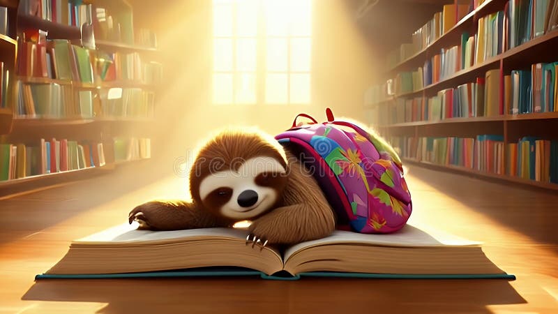 Sloth Character with a Backpack Lying on an Open Book in Library Full ...