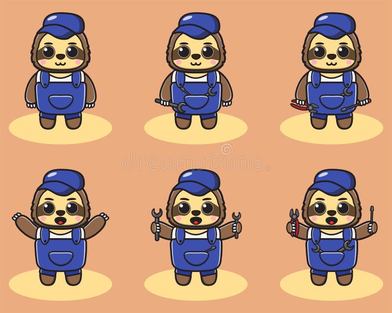 Little Sloth Mechanic Cartoon Set. Stock Vector - Illustration of icon ...