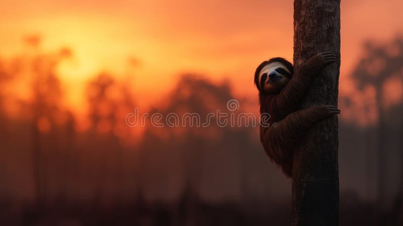 Sloth Clings To Tree at Sunset, Surrounded by Serene Landscape Stock ...