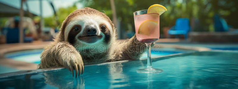 Sloth with a Cocktail on the Background of the Pool Stock Photo - Image ...