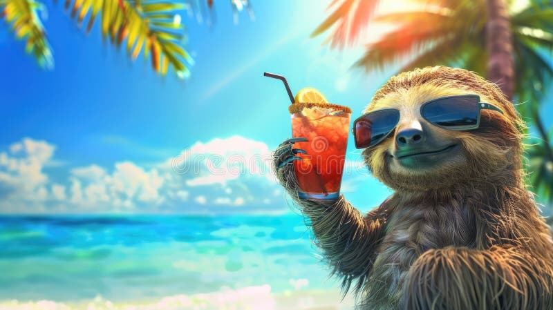 Sloth with a Cocktail on the Beach. Stock Illustration - Illustration ...
