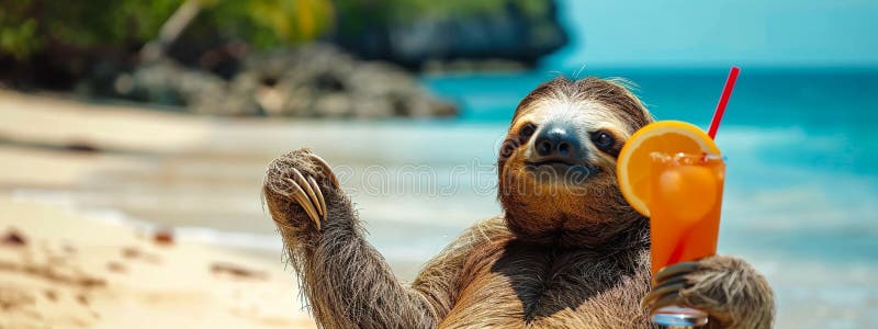 Sloth with a Cocktail on the Beach. Stock Image - Image of paradise ...