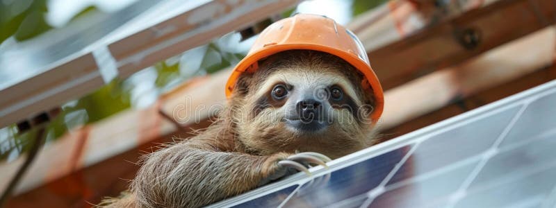 A Sloth in a Construction Helmet Mounts Solar Panels Stock Photo ...
