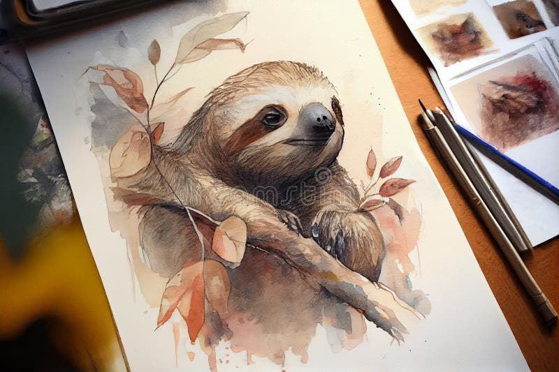 Sloth Drawing with Bit of Watercolour Stock Illustration - Illustration ...