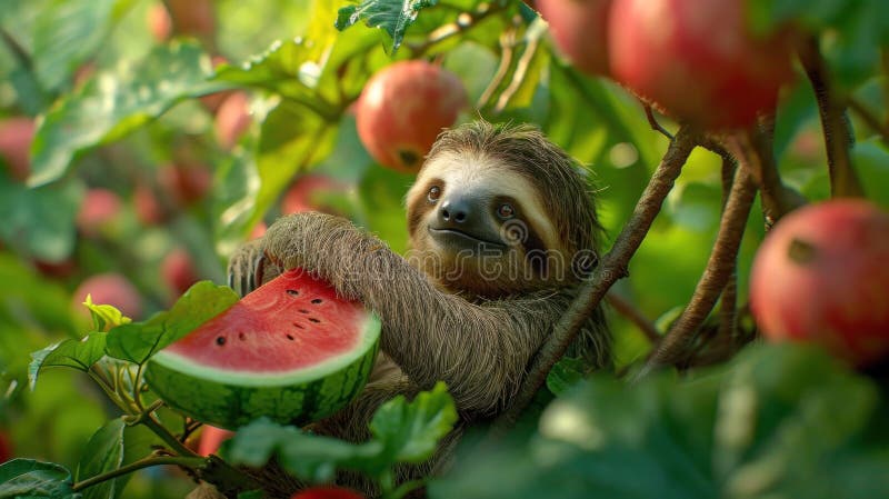 A Sloth Eating a Piece of Watermelon in the Tree, AI Stock Photo ...