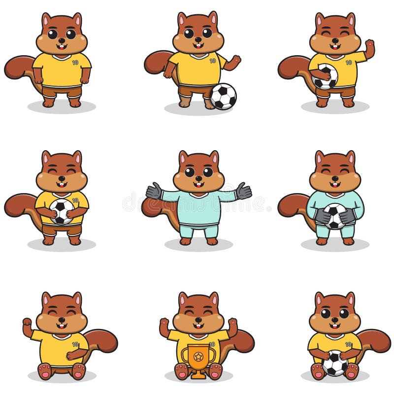 Vector Illustration of Squirrel Characters Playing Football Set Stock ...
