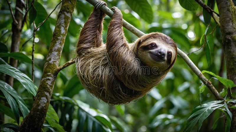 A Sloth Hanging from a Branch in a Lush Green Rainforest Stock ...