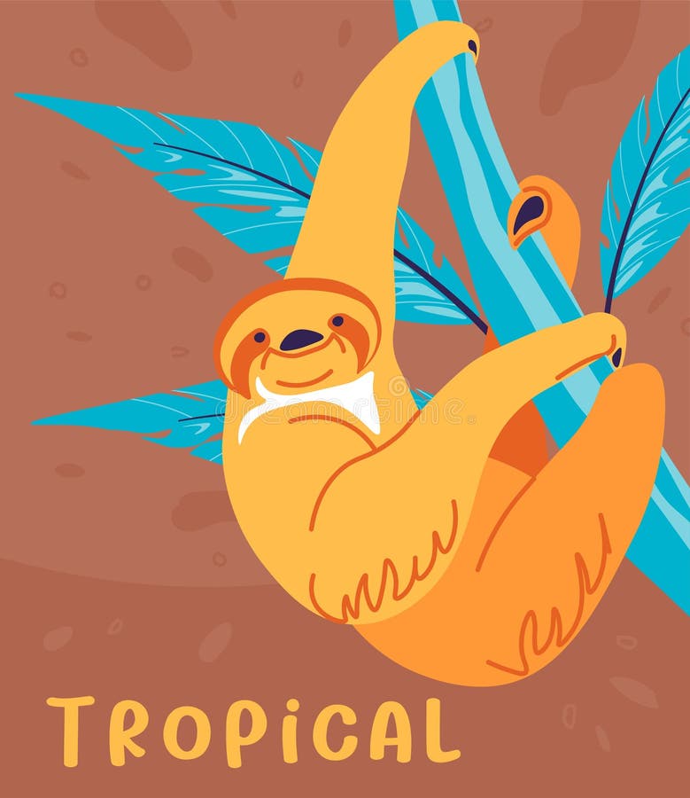 Sloth Hanging on Branch, Tropical Animals Vector Stock Illustration ...