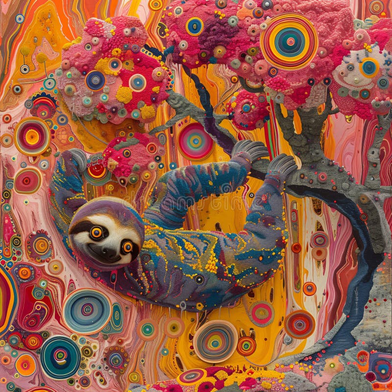 Sloth Hanging in a Psychedelic World Stock Illustration - Illustration ...