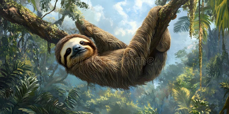 Sloth Hanging in Rainforest Canopy Stock Illustration - Illustration of ...