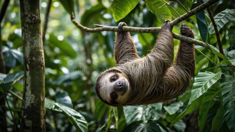 A Sloth Hanging from a Tree Branch in a Lush Green Rainforest Stock ...