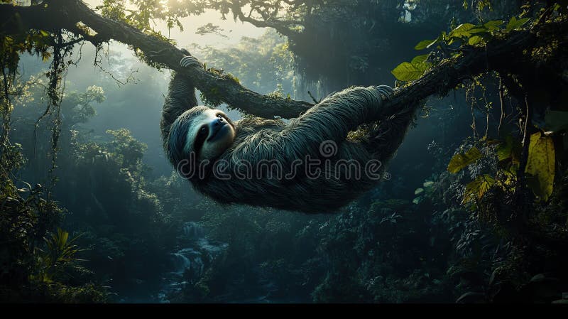 Sloth Hanging on a Tree Branch in a Lush Rainforest Stock Image - Image ...