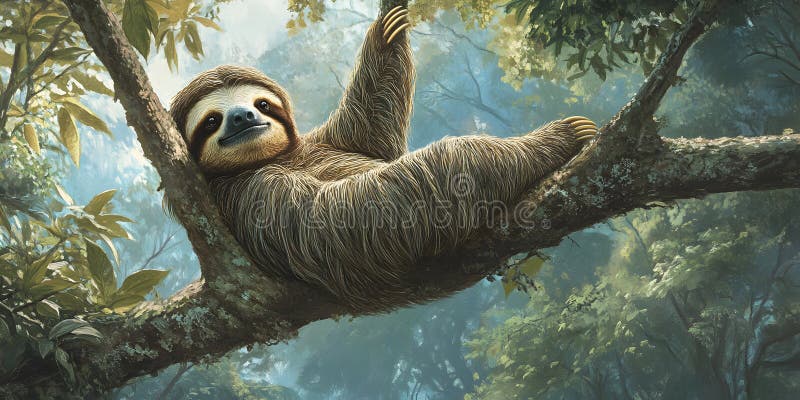 Sloth Hanging on Tree Branch in Rainforest Canopy Stock Illustration ...
