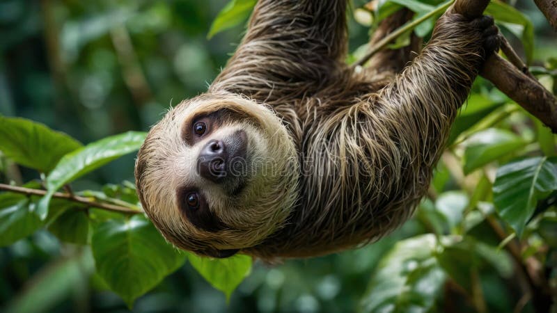 A Sloth Hanging from a Tree Branch, Surrounded by Lush Green Leaves in ...