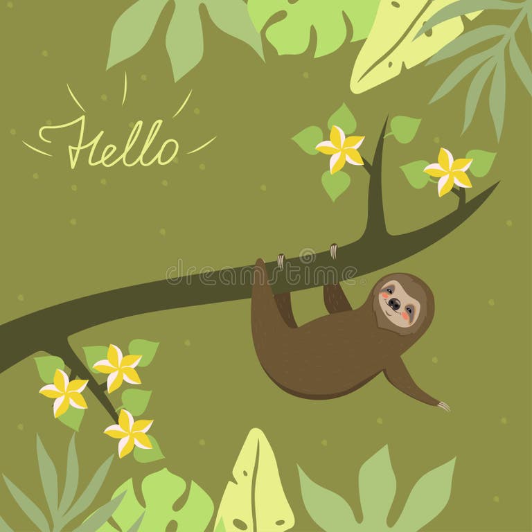 Sloth Hanging on a Twig. Template Postcard with the Words Hello. Vector ...