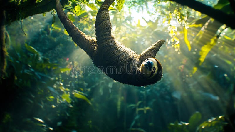 Sloth Hanging Upside Down, Sunlight Creating a Glowing Rim Light Around ...