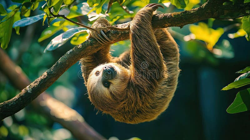 Sloth Hanging Upside Down from a Tree Branch Amidst Lush Green Foliage ...