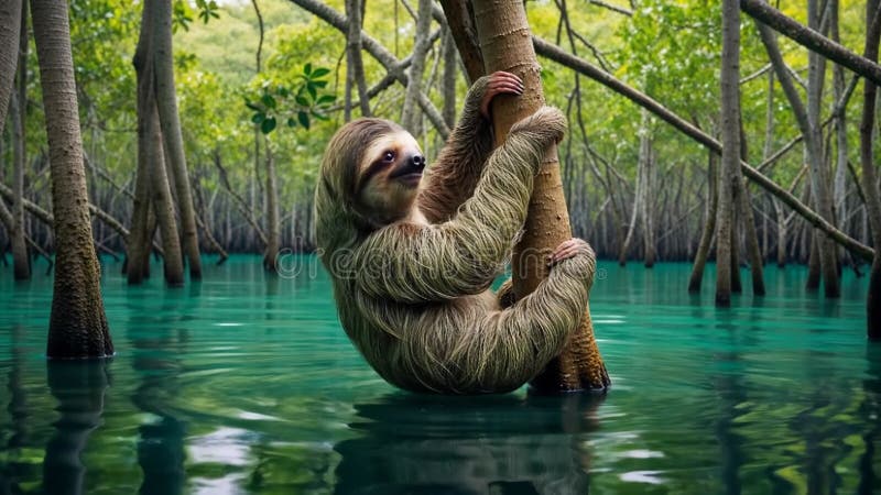 A Sloth Hangs on a Tree in the Middle of a Flooded Forest Stock Video ...