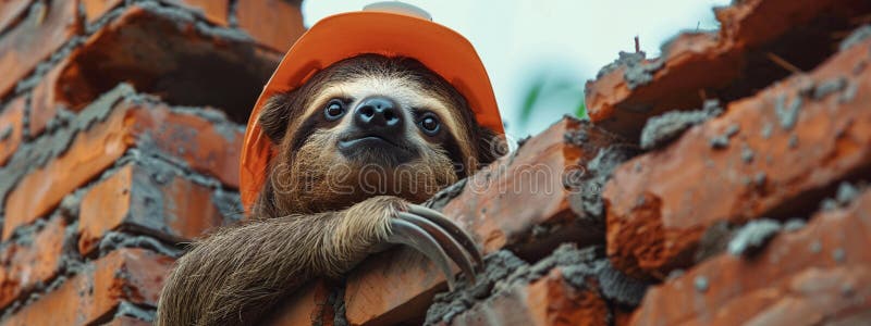 A Sloth in a Hard Hat is Laying a Brick Wall Stock Image - Image of ...