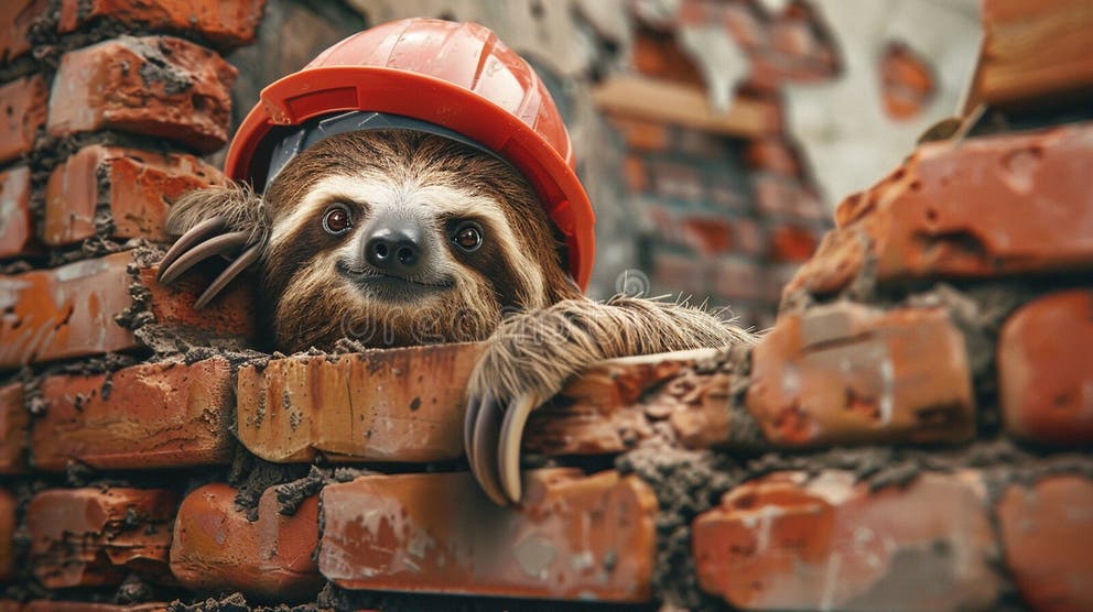 A Sloth in a Hard Hat is Laying a Brick Wall Stock Photo - Image of ...