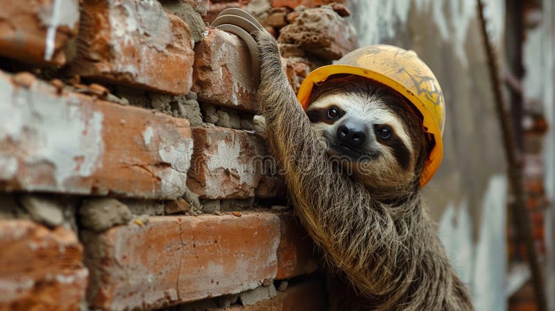 A Sloth in a Hard Hat is Laying a Brick Wall Stock Photo - Image of ...