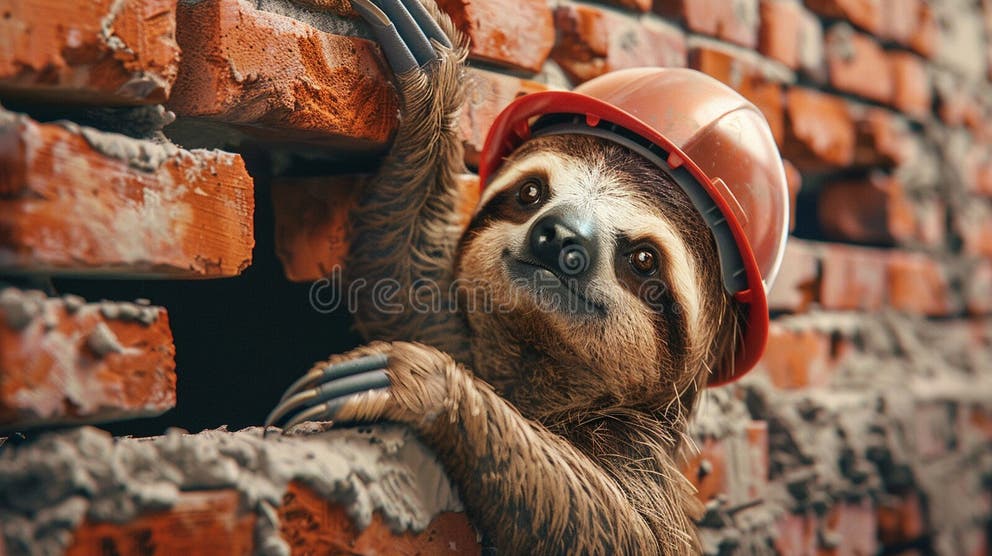 A Sloth in a Hard Hat is Laying a Brick Wall Stock Photo - Image of ...