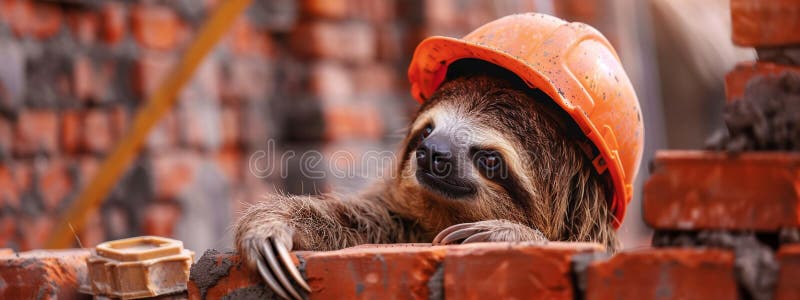 A Sloth in a Hard Hat is Laying a Brick Wall Stock Image - Image of ...