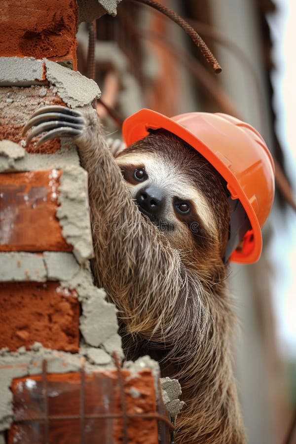A Sloth in a Hard Hat is Laying a Brick Wall Stock Image - Image of ...