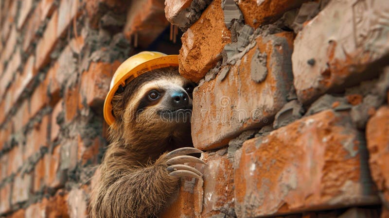 A Sloth in a Hard Hat is Laying a Brick Wall Stock Photo - Image of ...