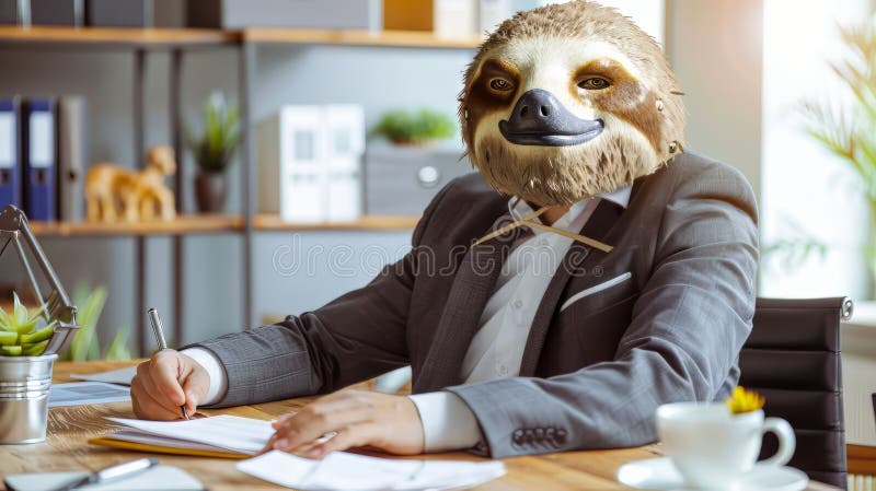 Sloth-headed Executive Working at Office Desk in a Suit Stock ...
