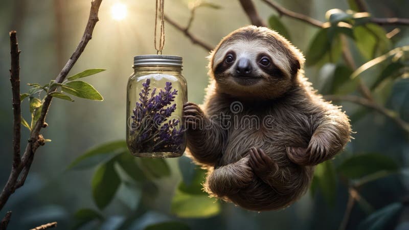 Adorable Baby Sloth Hanging with Lavender Jar Stock Illustration ...