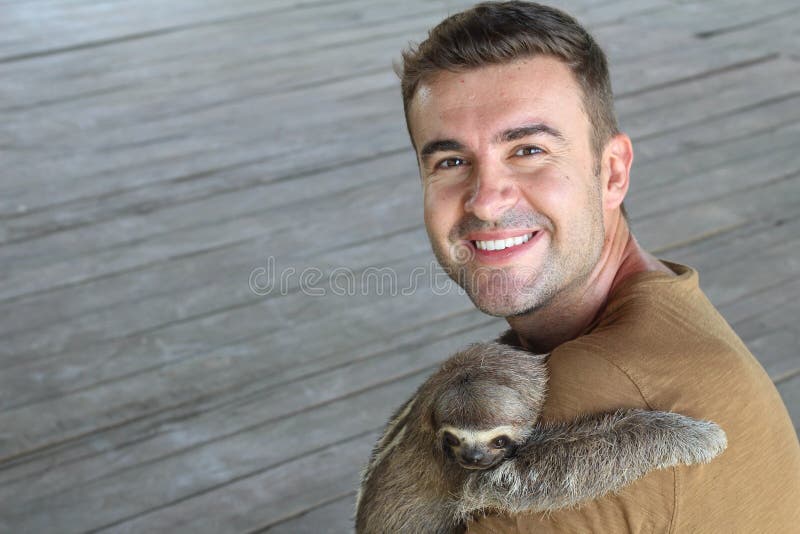 Sloth Hugging a Handsome Man Stock Image - Image of happy, animal ...