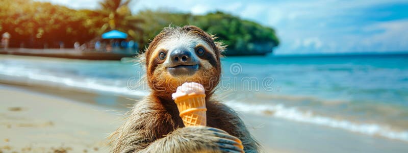 Sloth with Ice Cream on the Beach Stock Image - Image of tropical ...