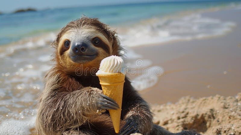 Sloth with Ice Cream on the Beach Stock Image - Image of adorable ...