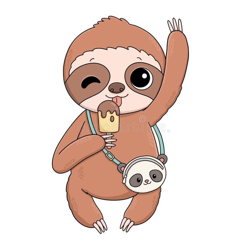 Sloth with Ice Cream, Panda Bag Cute Illustration Stock Illustration ...