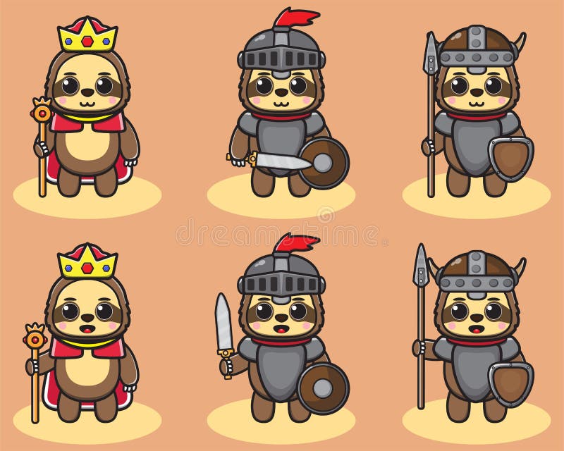 Little Sloth King and Knight Cartoon Set. Stock Vector - Illustration ...