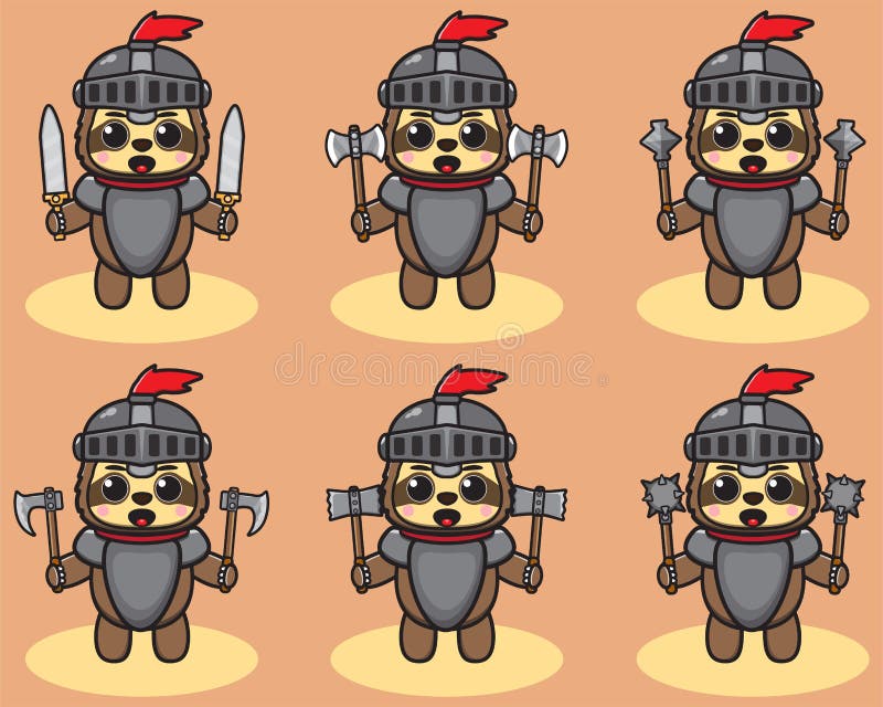 Little Sloth Knight with Dual Weapon Cartoon Set. Stock Vector ...