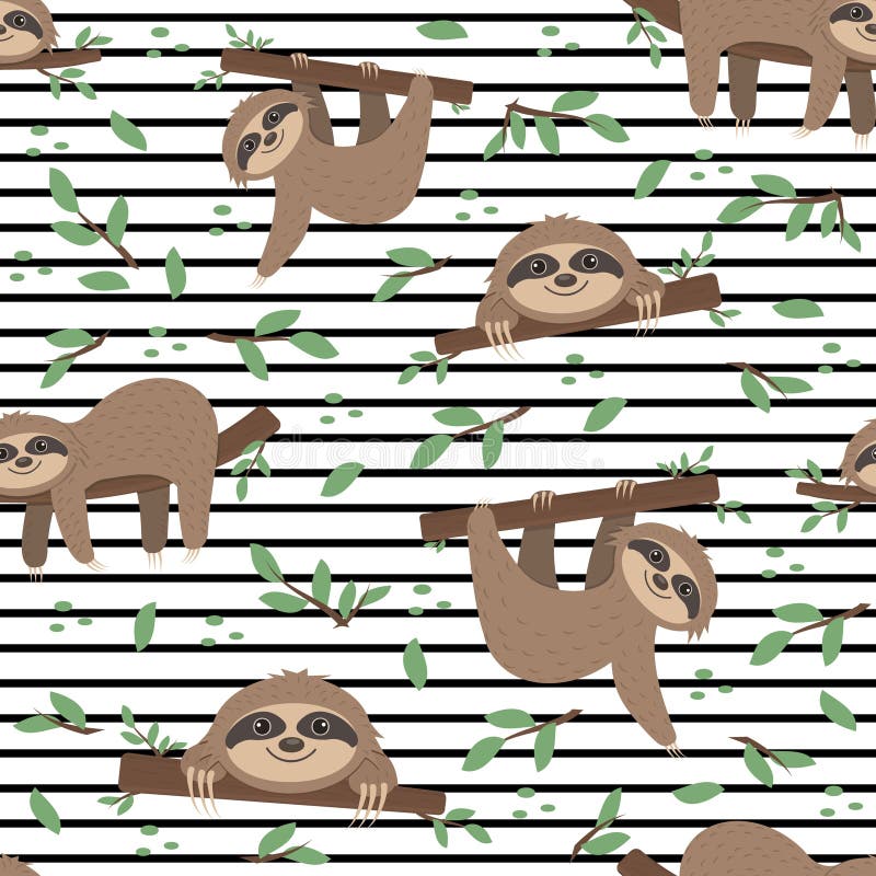 Sloth Pattern on a Background of Tropical Leaves on a Green Background ...