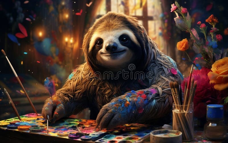 Sloth Playing with Paints and Brushes, Generative Ai Stock Illustration ...